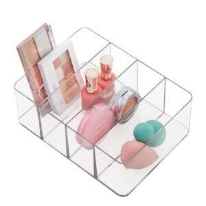 stori 4-compartment clear plastic organizer | rectangular divided makeup and vanity storage bin | use upright for eyeshadow palettes | round corner design | made in usa