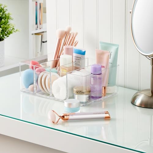 STORi 4-Compartment Clear Plastic Organizer | Rectangular Divided Makeup and Vanity Storage Bin | Use Upright for Eyeshadow Palettes | Round Corner Design | Made in USA