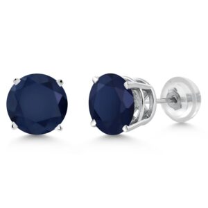 Gem Stone King 14K White Gold Blue Sapphire Stud Earrings For Women | 2.00 Cttw | Gemstone Birthstone | Round 6MM | Gold Earrings for Women