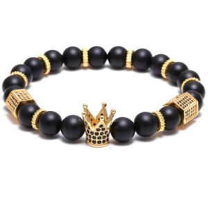 sevenstone 8mm crown king charm bracelet for men women black matte onyx stone beads, 7.5"