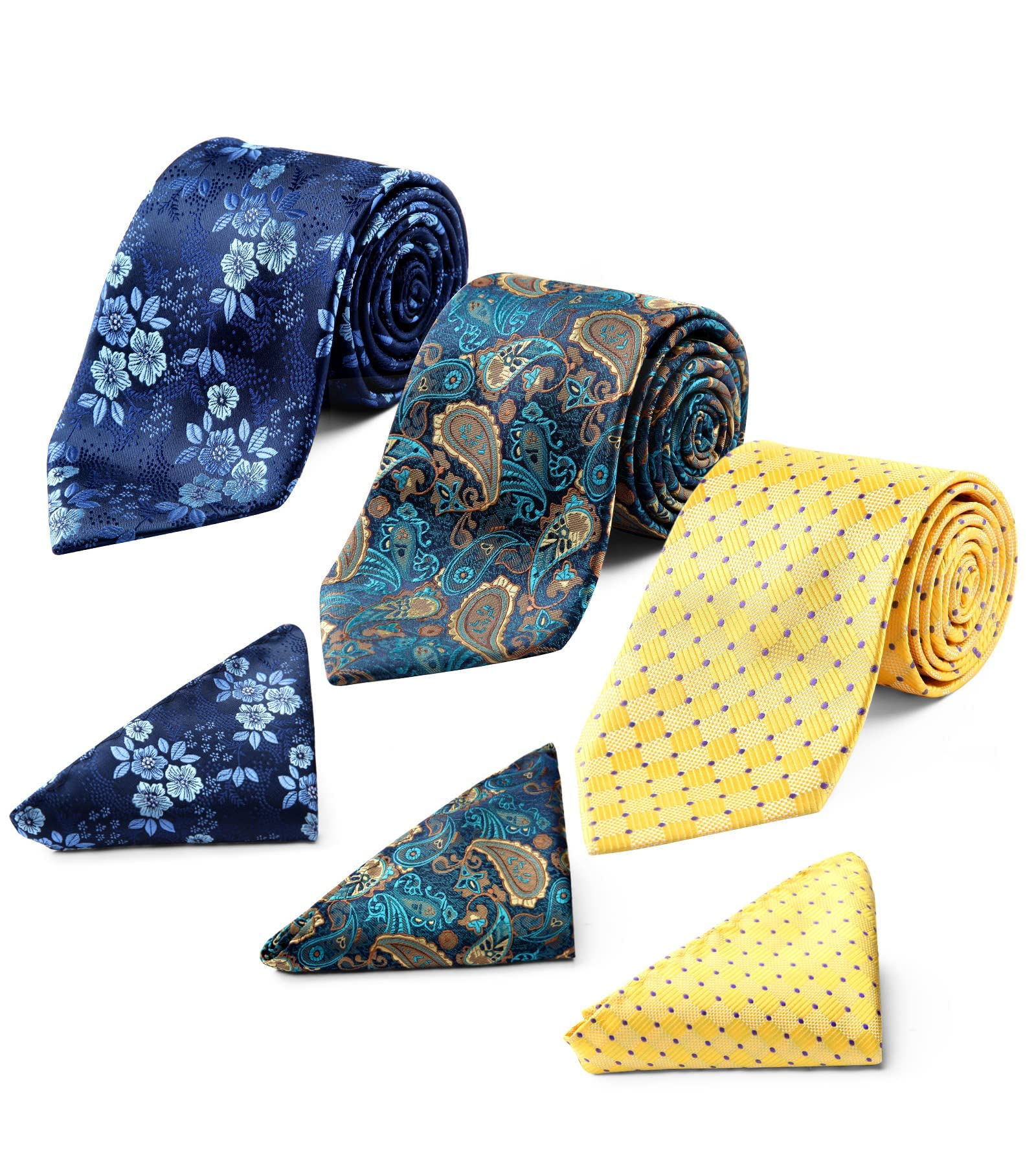 HISDERN Lot 3 PCS Classic Men's Tie Set Necktie & Pocket Square Elegant Neck Ties Collection,T3-08,One Size