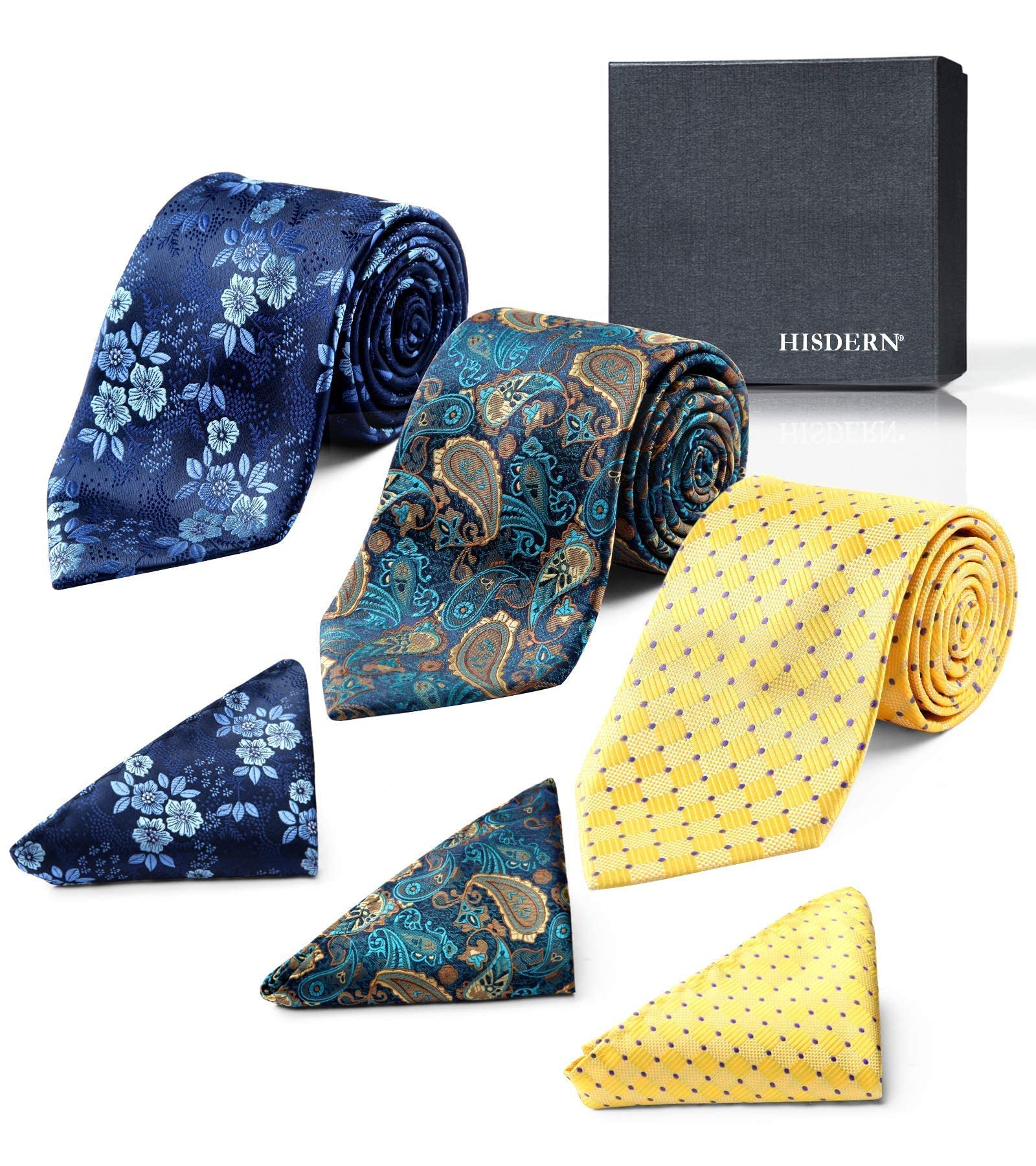 HISDERN Lot 3 PCS Classic Men's Tie Set Necktie & Pocket Square Elegant Neck Ties Collection,T3-08,One Size