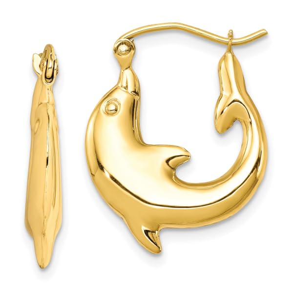 10K Yellow Gold Sea Dolphin Ocean Fish Beach Nautical Hoop Earrings