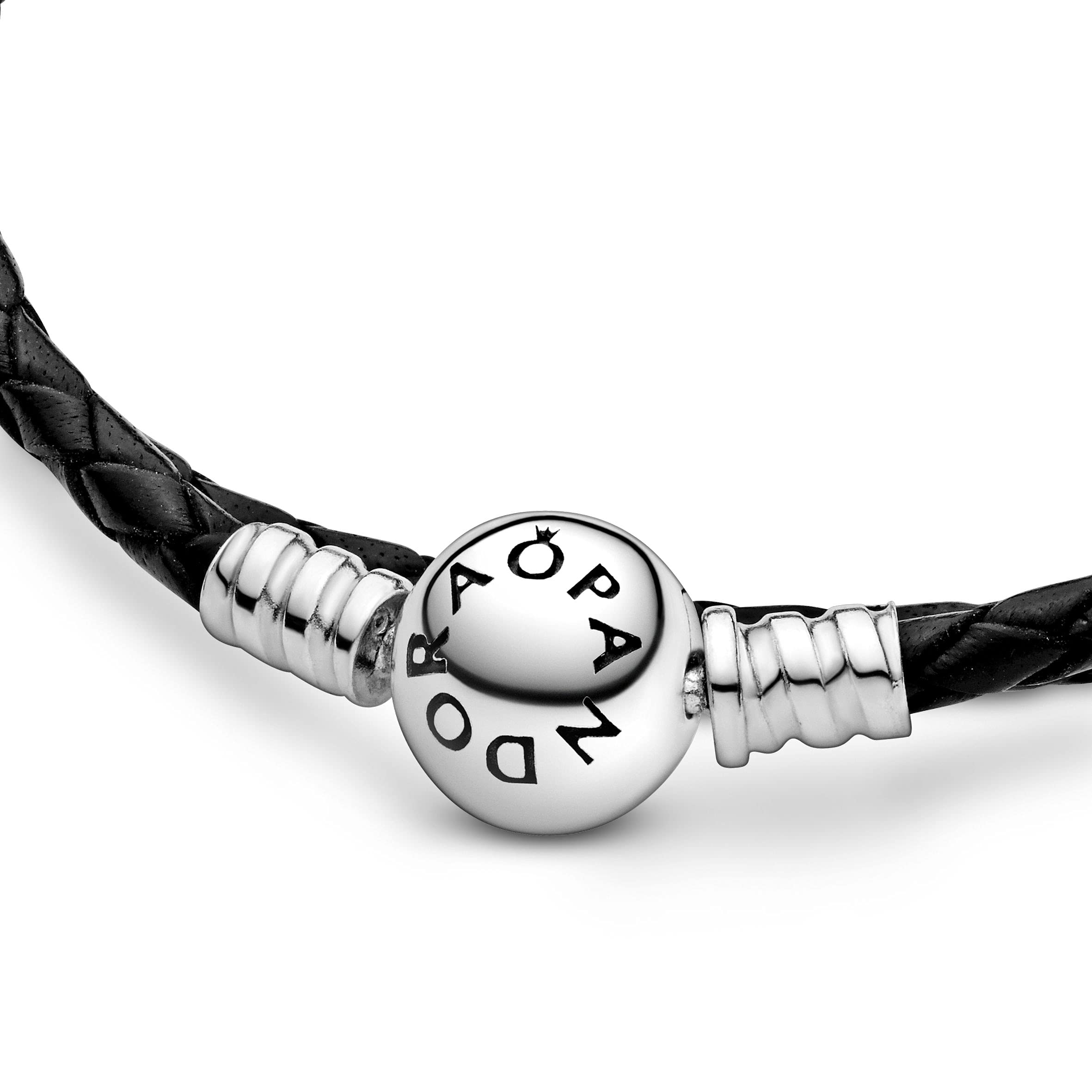 Pandora Jewelry Black Leather Charm Sterling Silver Bracelet, 16.1", No Box