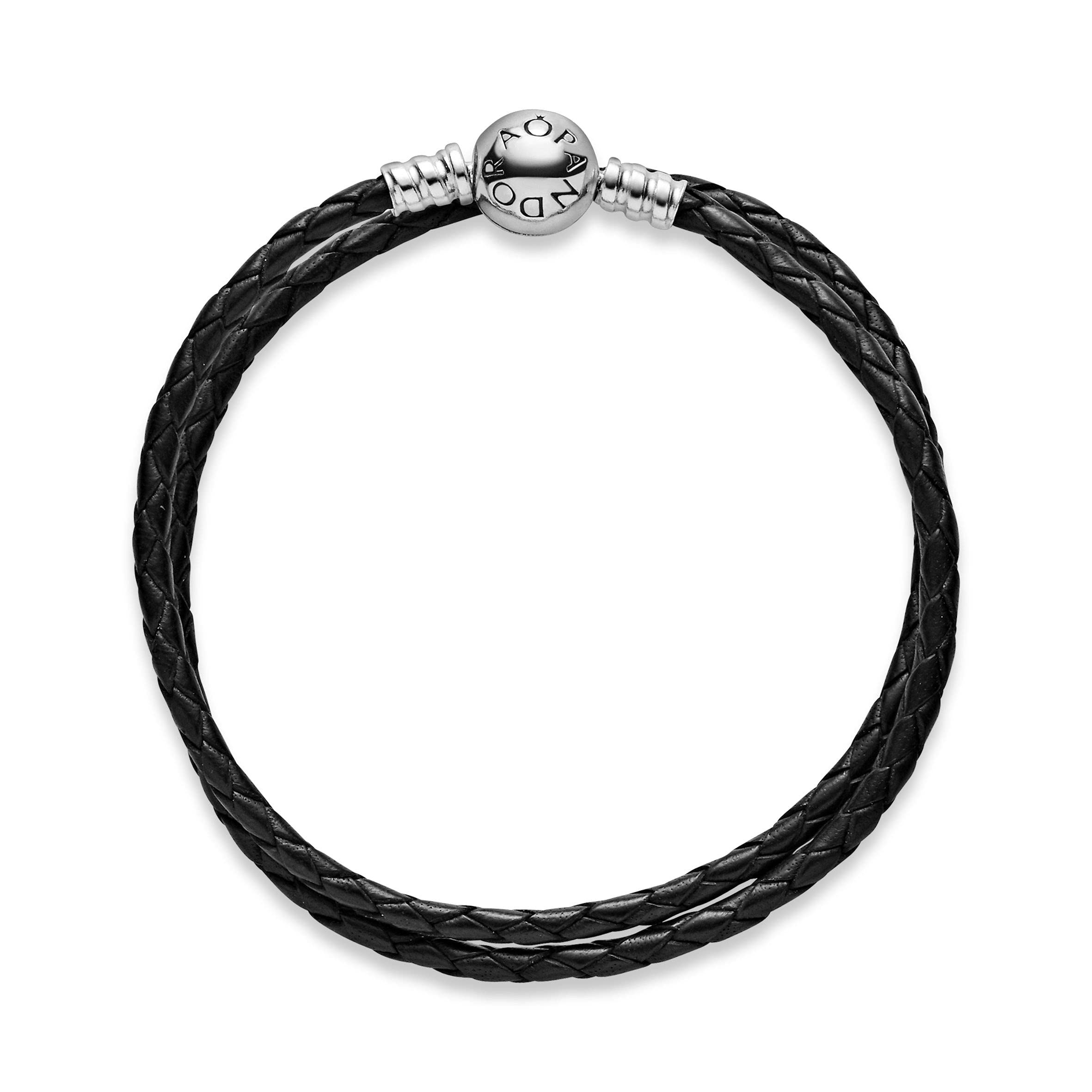 Pandora Jewelry Black Leather Charm Sterling Silver Bracelet, 16.1", No Box