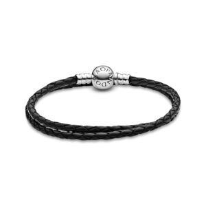 Pandora Jewelry Black Leather Charm Sterling Silver Bracelet, 16.1", No Box