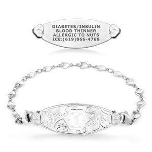 divoti custom engraved filigree medical alert id bracelets for women, w/heart link – white-8.0"