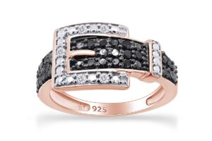 1/4 carat black & white natural diamond anniversary belt buckle ring in 14k rose gold over sterling silver (0.25 cttw) ring size-7.5