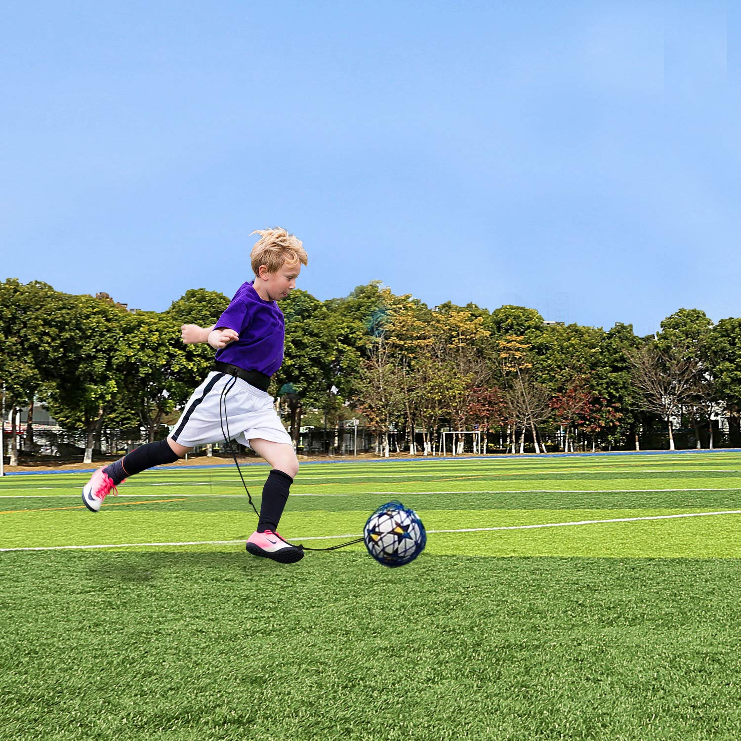 PodiuMax Hands-Free Soccer Kick/Throw Trainer, New Ball Locked Net Design, Adjustable Waist Belt & Cord Suit for All Levels (Fits Ball Size 3, 4, 5)