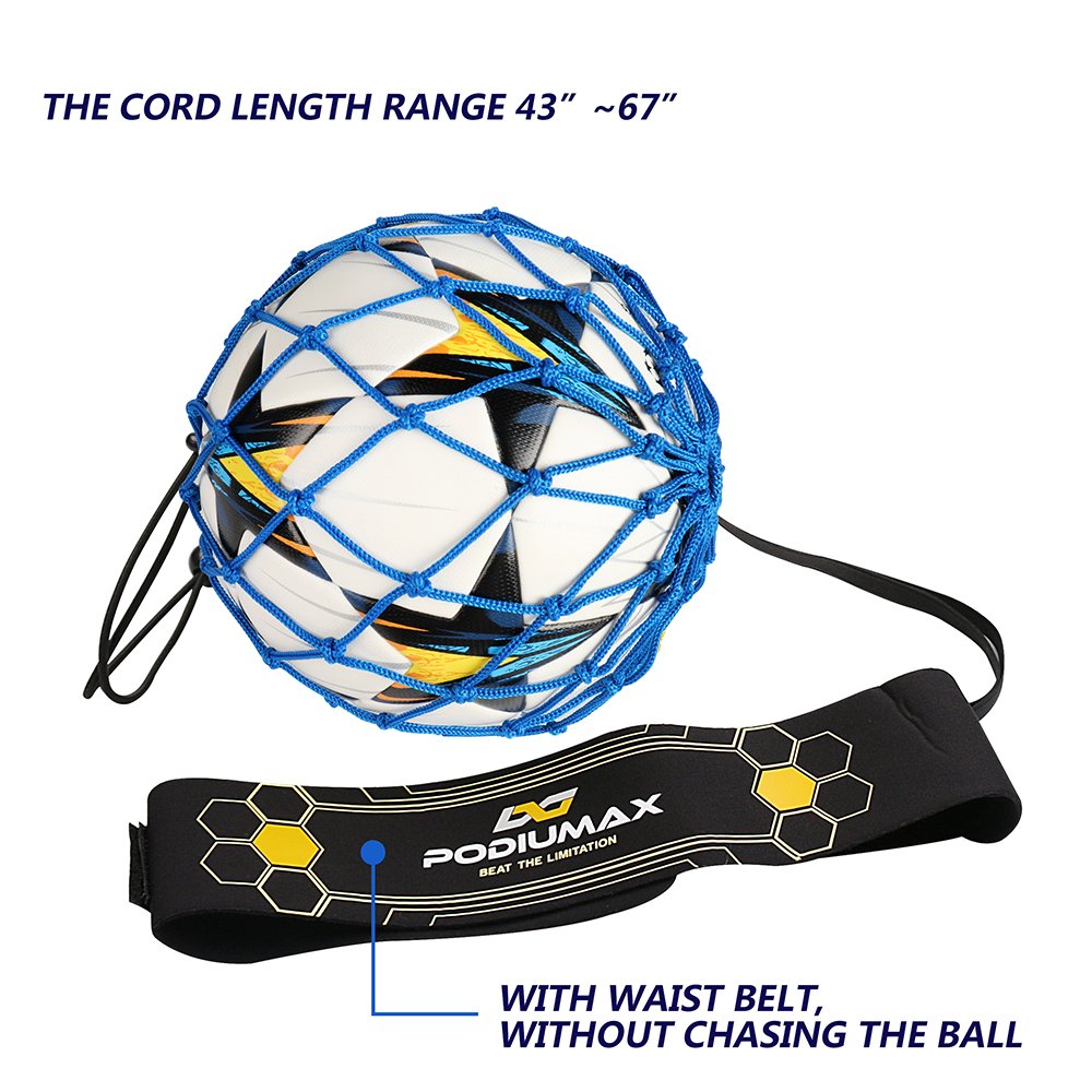 PodiuMax Hands-Free Soccer Kick/Throw Trainer, New Ball Locked Net Design, Adjustable Waist Belt & Cord Suit for All Levels (Fits Ball Size 3, 4, 5)