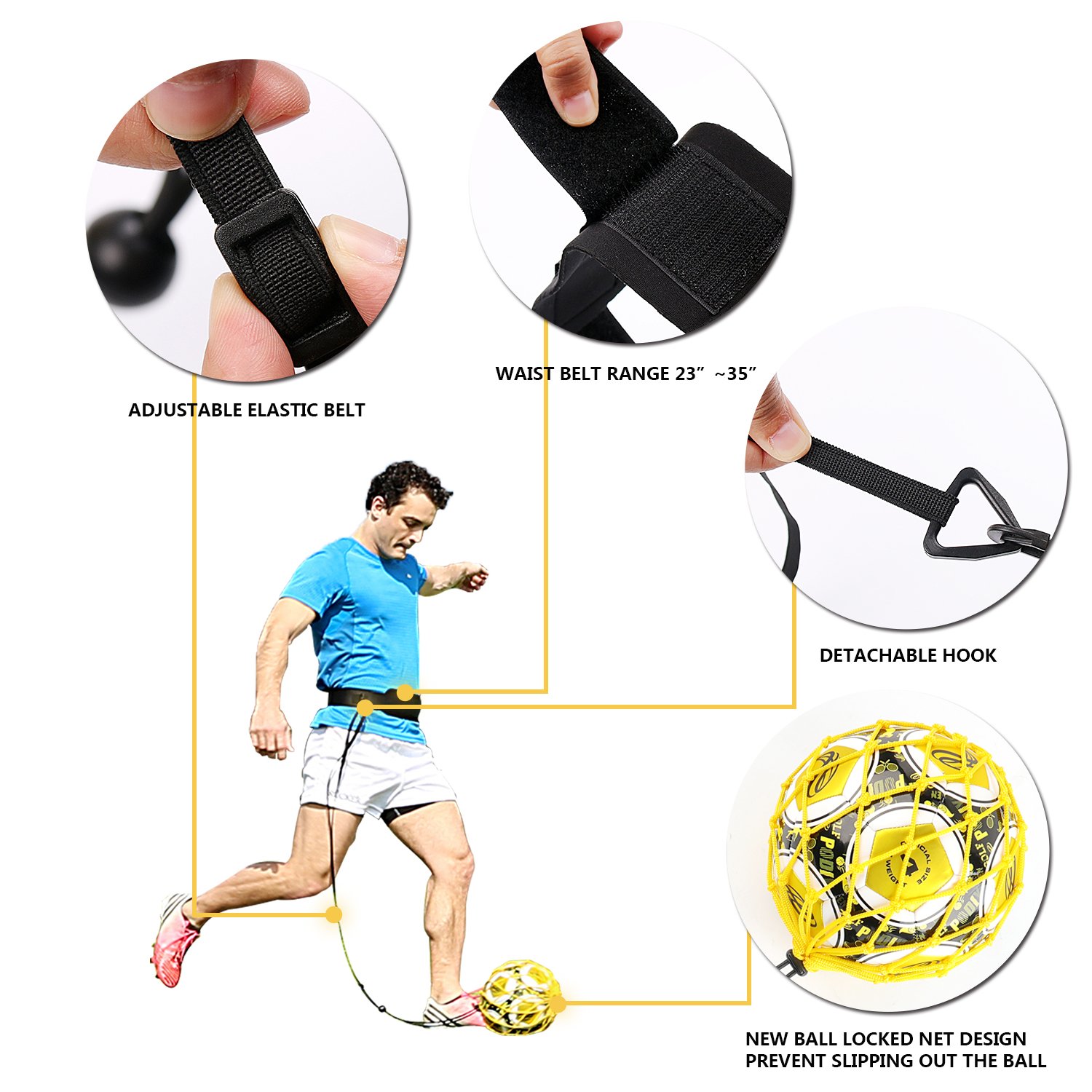 PodiuMax Hands-Free Soccer Kick/Throw Trainer, New Ball Locked Net Design, Adjustable Waist Belt & Cord Suit for All Levels (Fits Ball Size 3, 4, 5)