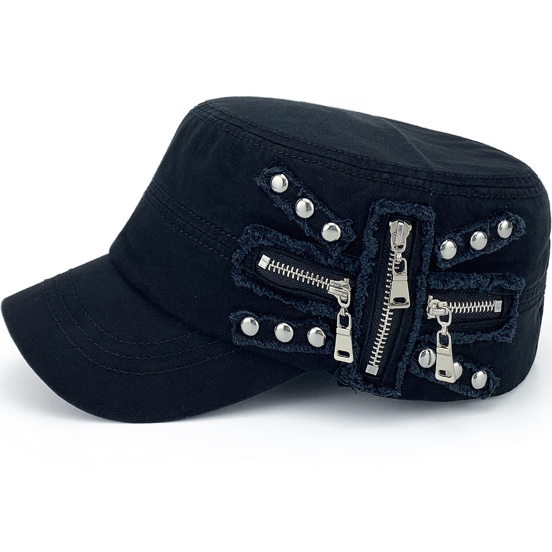 Rayna Fashion Men Women Soft Washed Cotton Adjustable Flat Top Military Army Hat Cadet Cap Zip Studs Embroidery Patch Black