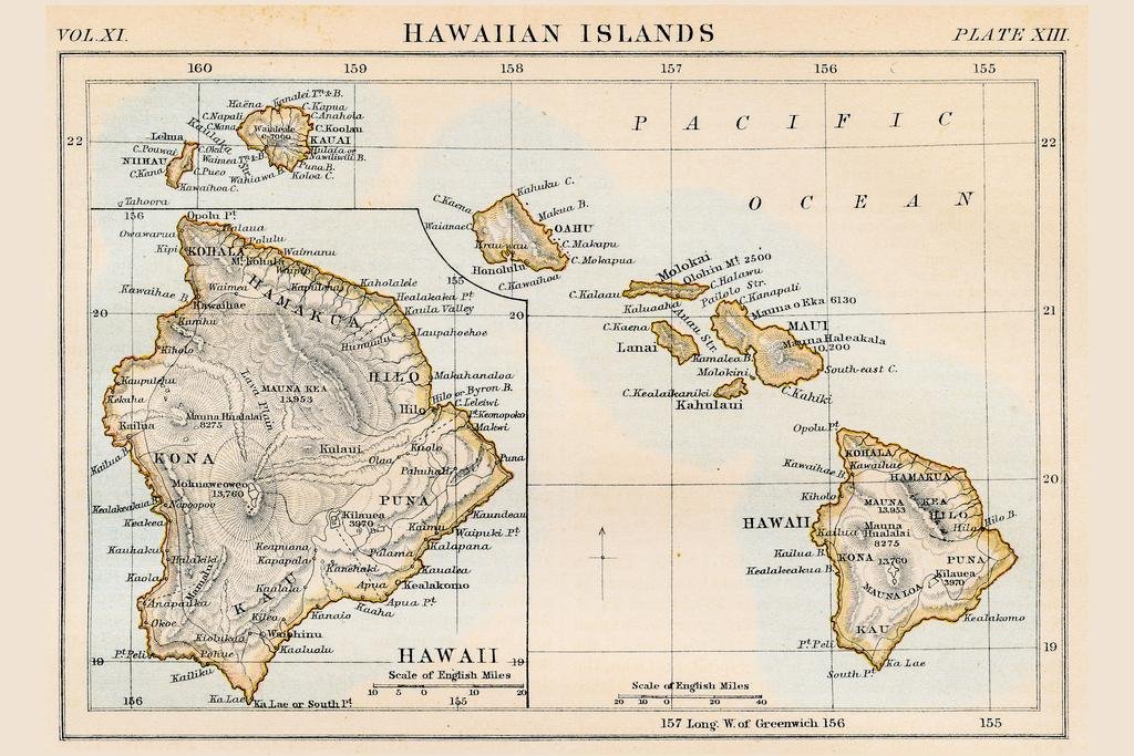 Hawaiian Islands 1883 Historical Antique Style Map Travel World Map with Cities in Detail Map Posters for Wall Map Art Geographical Illustration Island Cool Wall Art Print Poster 36x24