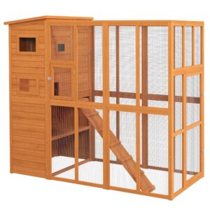 pawhut outdoor catio, cat house wooden feral cat shelter, cat cage with platforms, waterproof asphalt roof, ramps, 77" l, natural