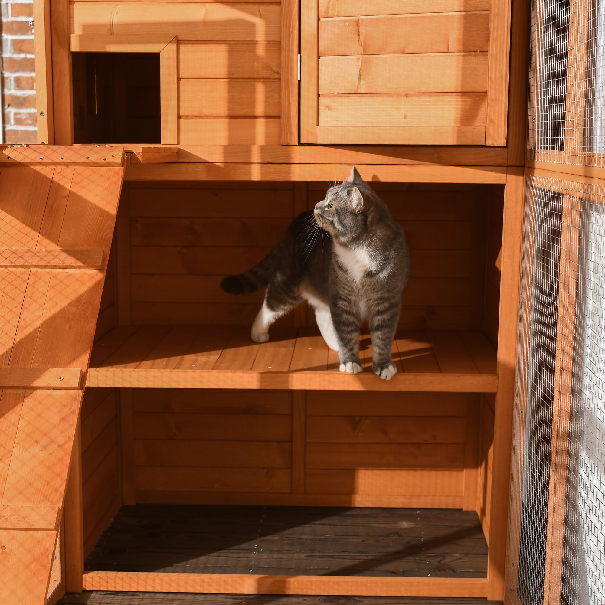 PawHut Outdoor Catio, Cat House Wooden Feral Cat Shelter, Cat Cage with Platforms, Waterproof Asphalt Roof, Ramps, 77" L, Natural