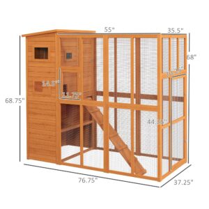 PawHut Outdoor Catio, Cat House Wooden Feral Cat Shelter, Cat Cage with Platforms, Waterproof Asphalt Roof, Ramps, 77" L, Natural