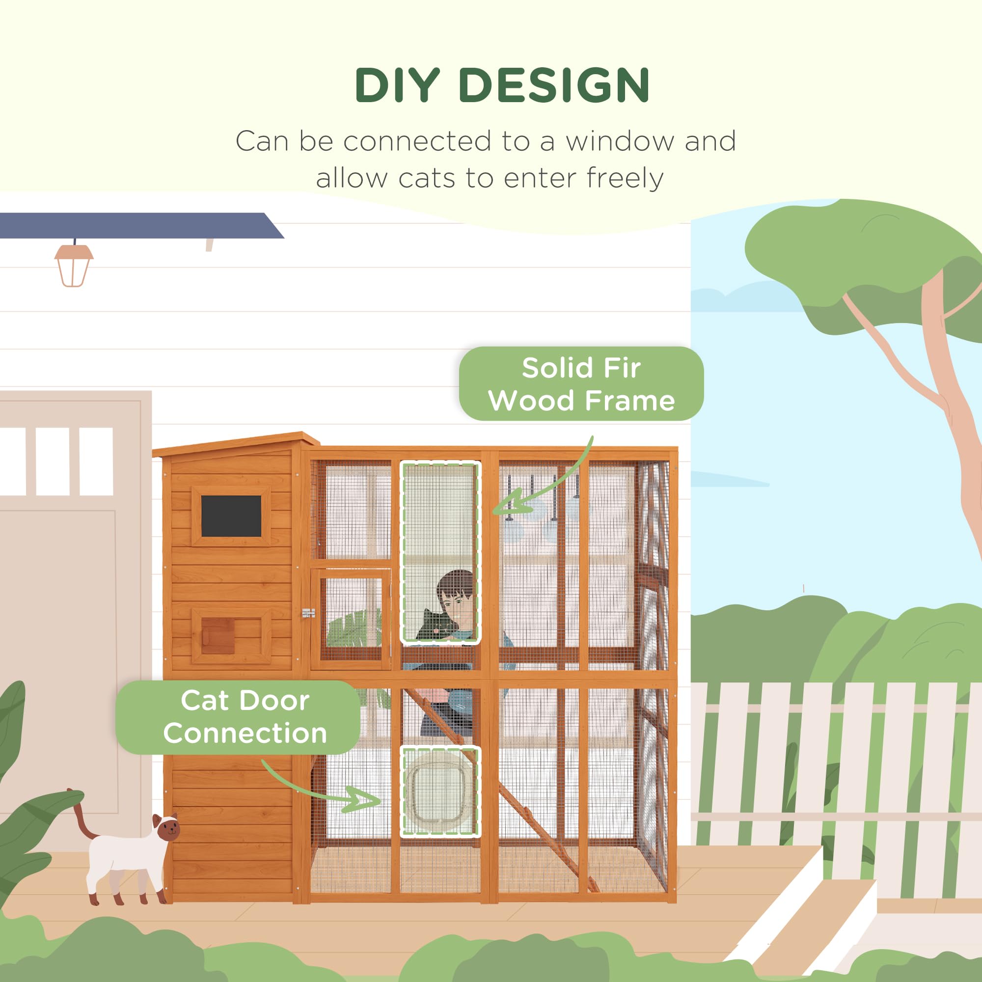 PawHut Outdoor Catio, Cat House Wooden Feral Cat Shelter, Cat Cage with Platforms, Waterproof Asphalt Roof, Ramps, 77" L, Natural