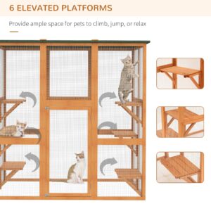 PawHut Outdoor Cat House Big Catio Wooden Feral Cat Shelter Enclosure with Large Spacious Interior, 6 High Ledges, Weather Protection Asphalt Roof, 71" L, Orange