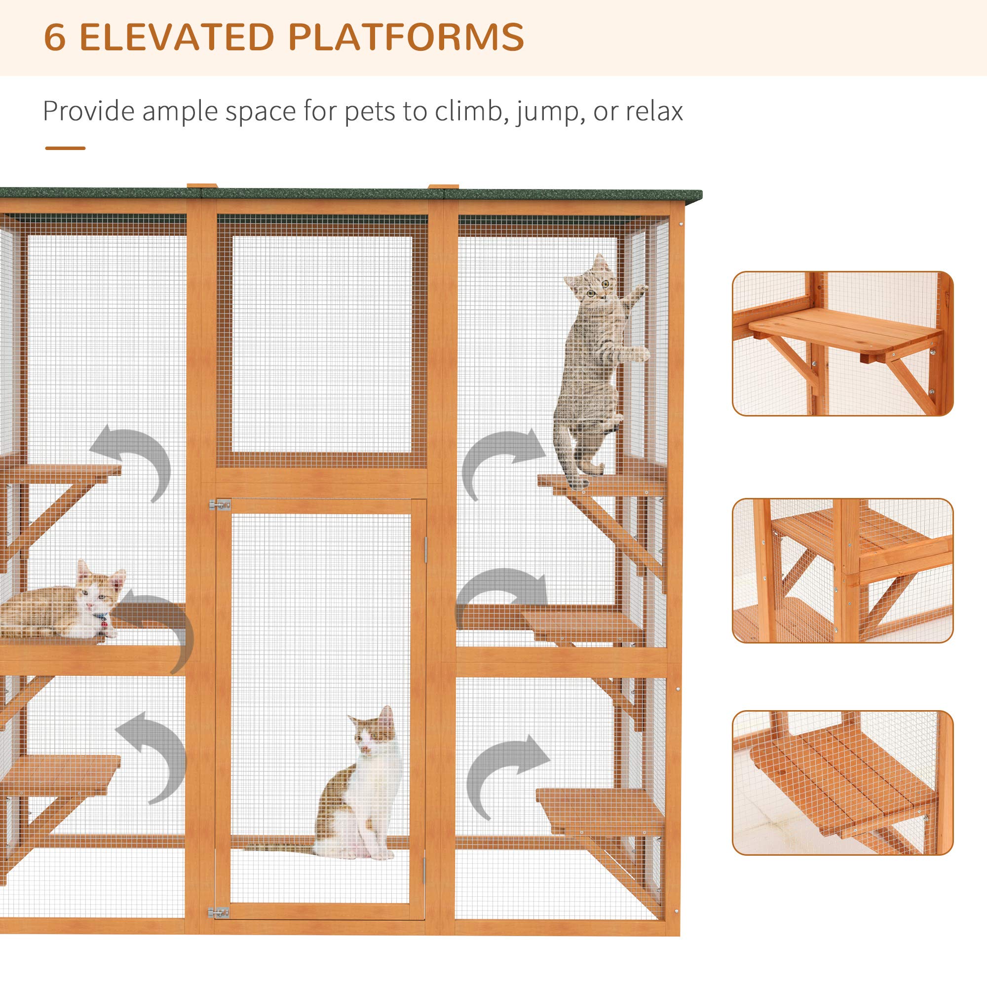 PawHut Outdoor Cat House Big Catio Wooden Feral Cat Shelter Enclosure with Large Spacious Interior, 6 High Ledges, Weather Protection Asphalt Roof, 71" L, Orange