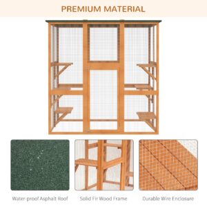 PawHut Outdoor Cat House Big Catio Wooden Feral Cat Shelter Enclosure with Large Spacious Interior, 6 High Ledges, Weather Protection Asphalt Roof, 71" L, Orange