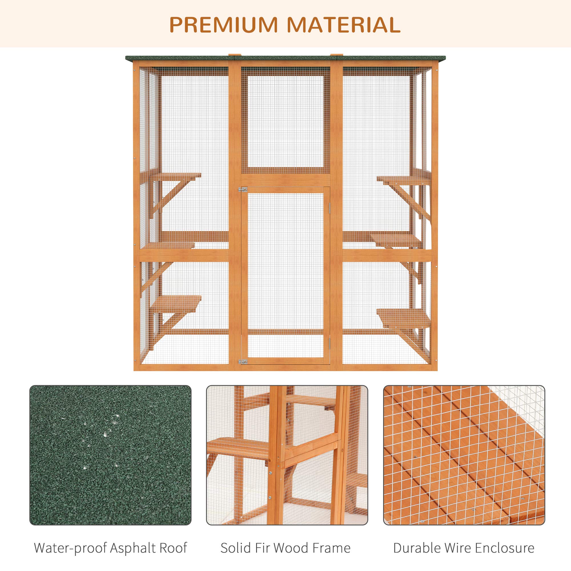 PawHut Outdoor Cat House Big Catio Wooden Feral Cat Shelter Enclosure with Large Spacious Interior, 6 High Ledges, Weather Protection Asphalt Roof, 71" L, Orange