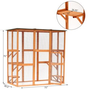 PawHut Outdoor Cat House Big Catio Wooden Feral Cat Shelter Enclosure with Large Spacious Interior, 6 High Ledges, Weather Protection Asphalt Roof, 71" L, Orange