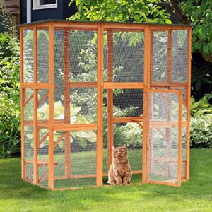 PawHut Outdoor Cat House Big Catio Wooden Feral Cat Shelter Enclosure with Large Spacious Interior, 6 High Ledges, Weather Protection Asphalt Roof, 71" L, Orange