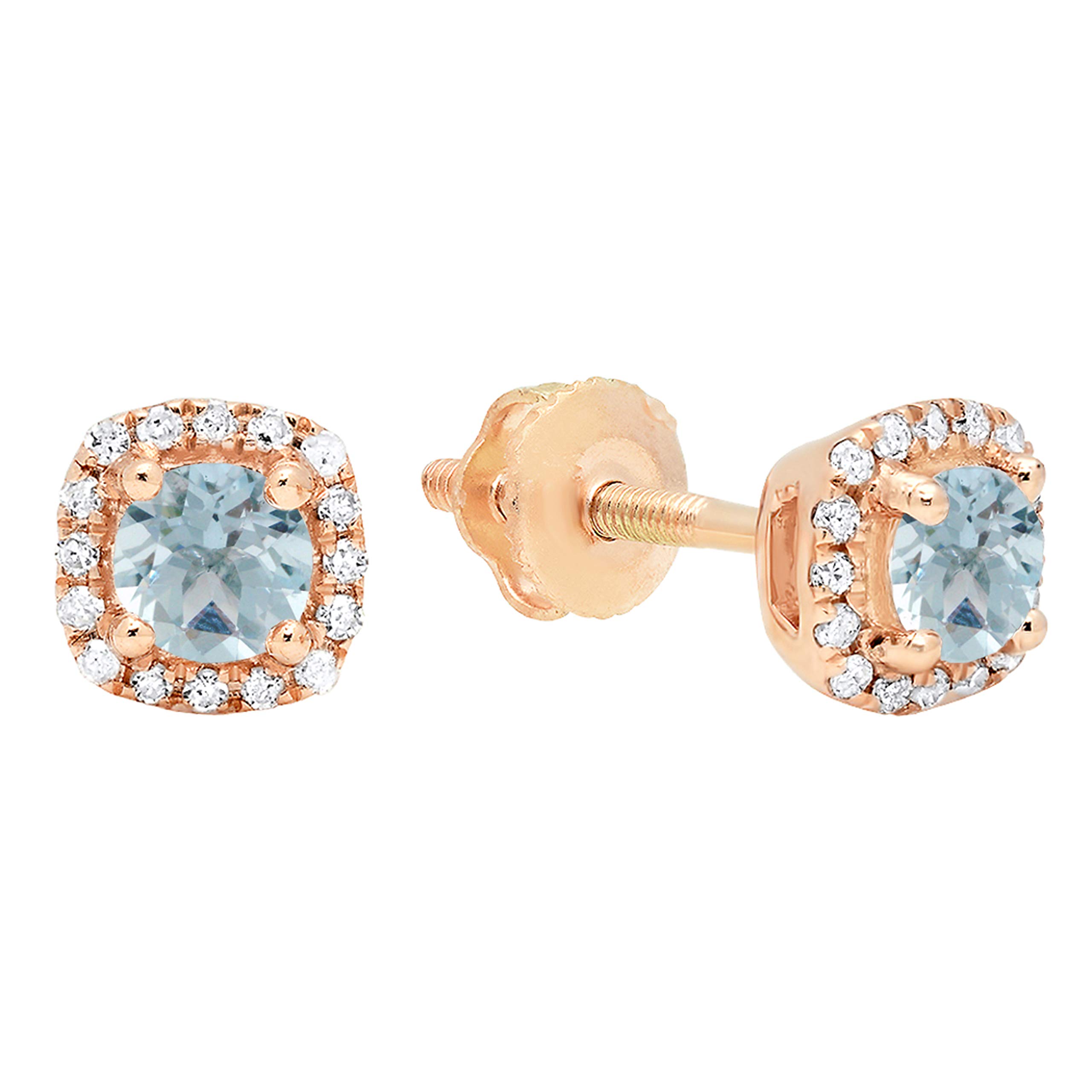 Dazzlingrock Collection 3.50mm Center Round Aquamarine & White Diamond Halo Style Stud Earrings for Women in 10K Solid Rose Gold in Screw Back