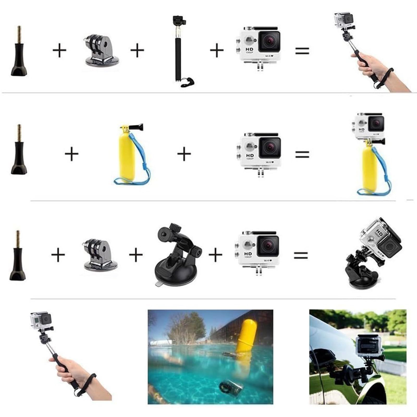 Action Camera Accessories Kit Compatible with Gopro Hero 12 11 10 9 8/AKASO EK7000 Brave 4 Brave 7 LE V50X/Dragon Touch/Insta360 X3 X2, Selfie Stick Floating Handle Grip Car Suction Cup Mount