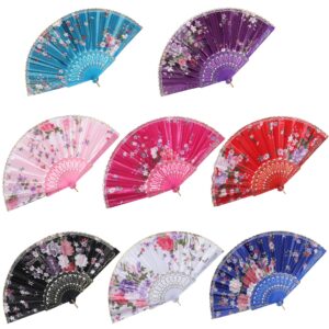 babeyond 8pcs floral folding hand fan vintage handheld lace folding fan with different flower patterns fabric folding fan for wedding dancing party (color random selected with chinese rose)