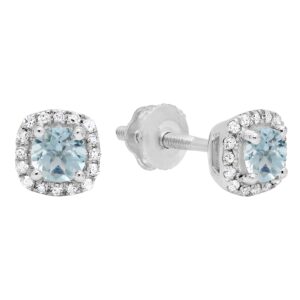 dazzlingrock collection 3.50mm center round aquamarine & white diamond halo style stud earrings for women in 14k solid white gold in screw back