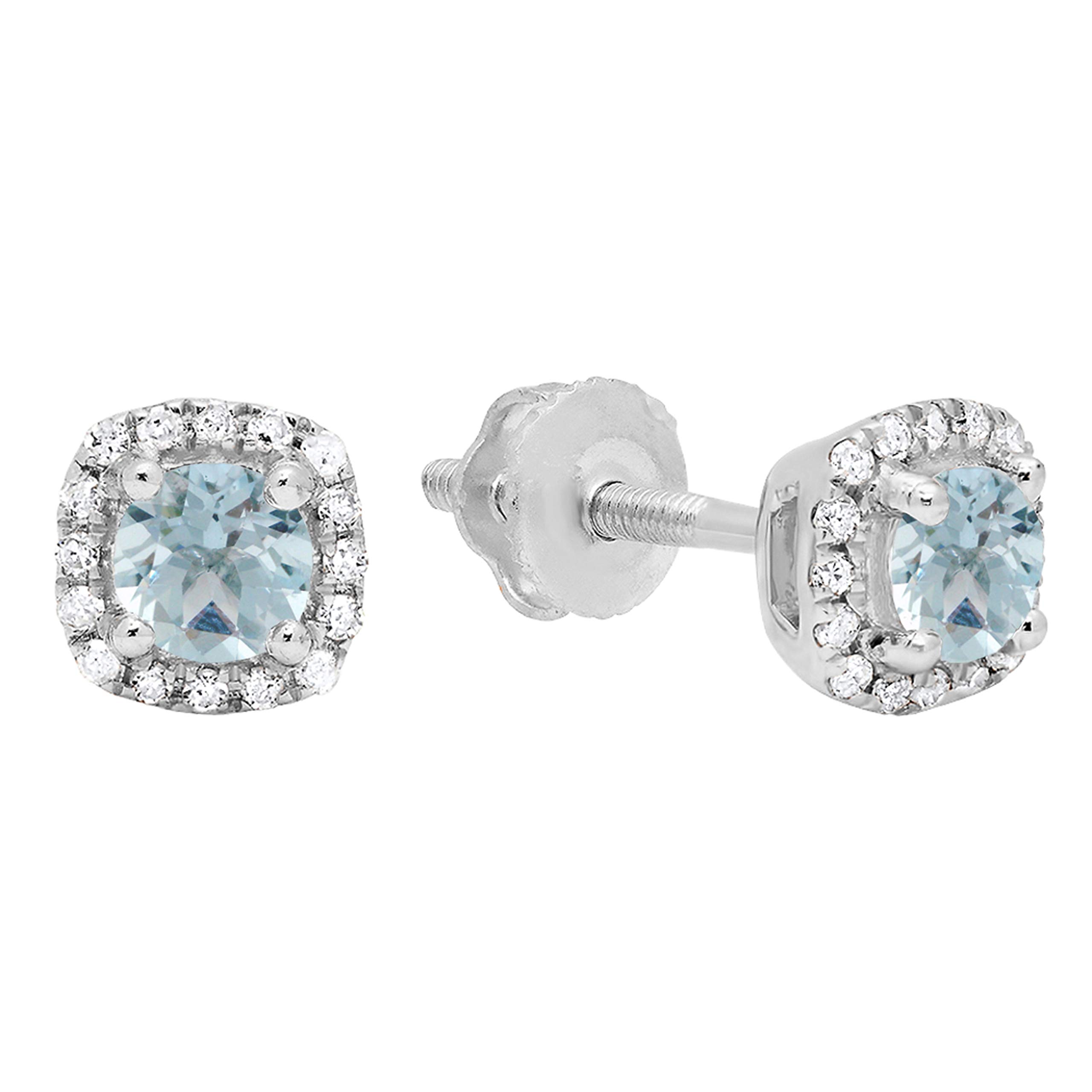 Dazzlingrock Collection 3.50mm Center Round Aquamarine & White Diamond Halo Style Stud Earrings for Women in 14K Solid White Gold in Screw Back