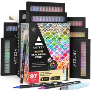 arteza real brush pens, 96 watercolor pens, drawing markers with flexible brush tips, watercolor markers for artists, and beginners