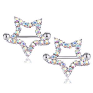 crazypiercing 1pair rhinestone paved star nipple piercing rings barbells 14gauge (ab colorful)