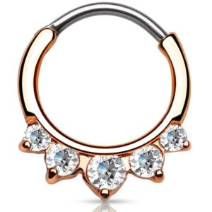 fifth cue five cz set round top 316l surgical steel nose septum ear cartilage clicker ring (rose gold/steel)