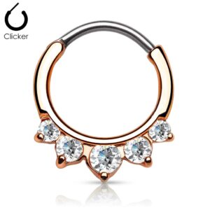 FIFTH CUE Five CZ Set Round Top 316L Surgical Steel Nose Septum Ear Cartilage Clicker Ring (Rose Gold/Steel)