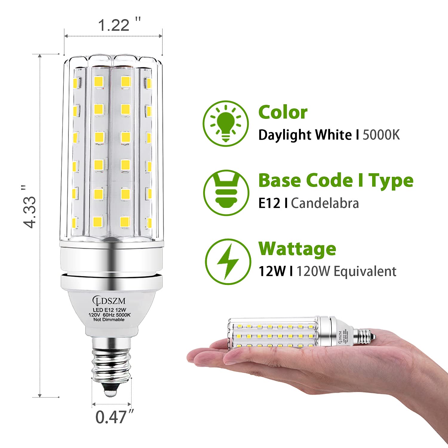 E12 LED Bulbs,12W LED Corn Light Bulb, E12 LED Bulb 100W Equivalent 1200 Lumen Daylight 5000K, Non-Dimmable LED Candelabra Light Bulbs, E12 Candelabra Base Chandelier Light Bulbs, Pack of 3