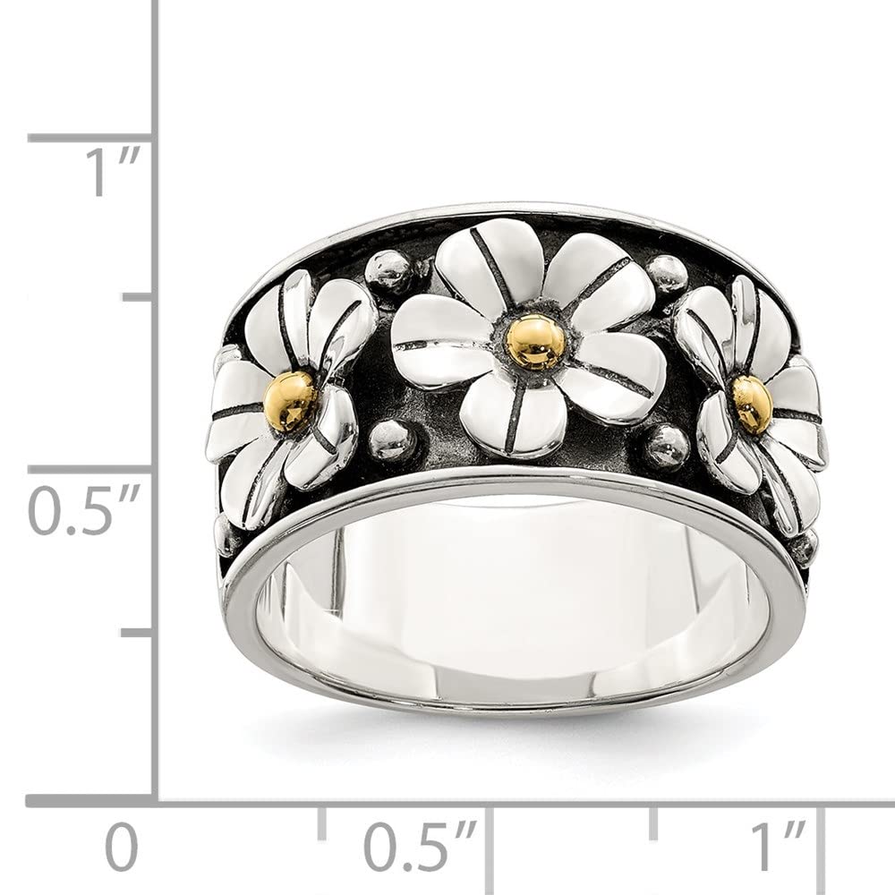 Diamond2Deal Sterling Silver Antiqued 14k Gold Centers Daisy Wedding Band Ring Size 8