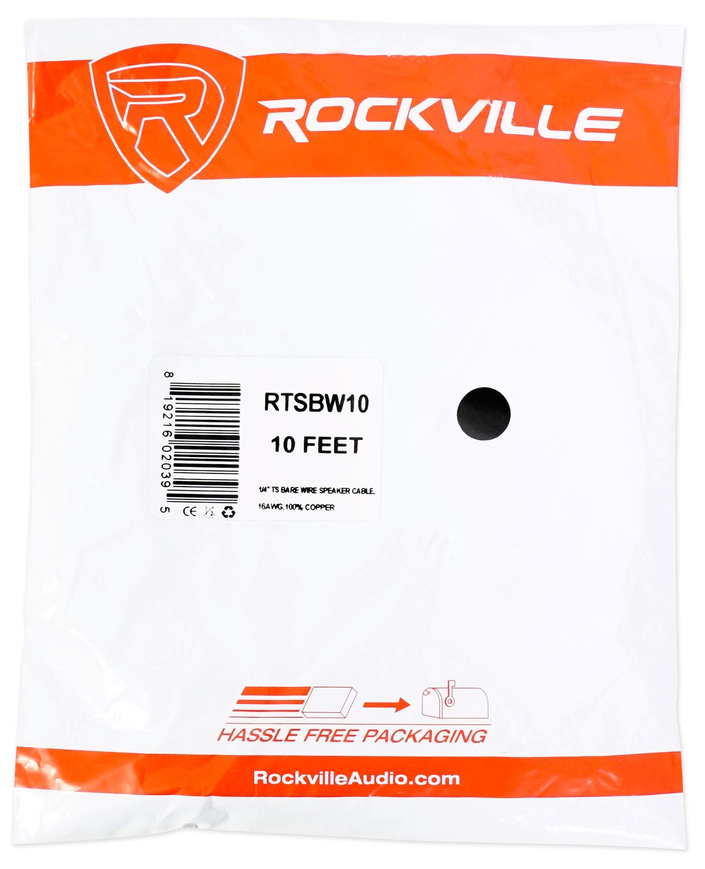 Rockville RTSBW10 10 Foot 1/4" TS to Bare Wire Speaker Cable,16 AWG,100% Copper