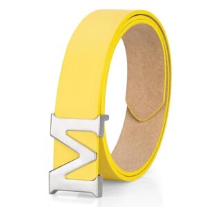 maikun womens yellow belt, leather belts removable letter m plate buckle waist belt 1.18" width, waist size 30-34''