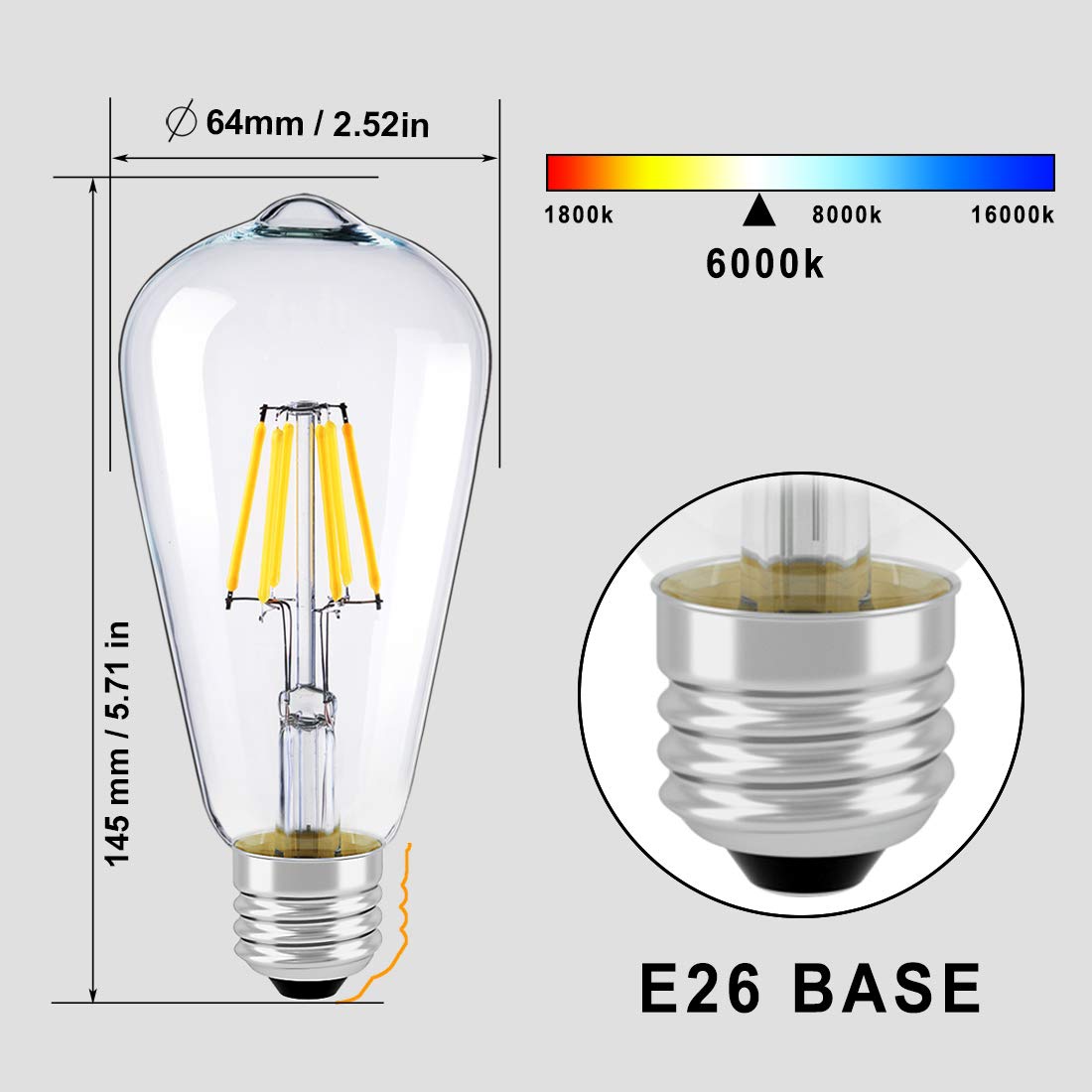 LUXON LED Edison Bulb Dimmable Vintage Style Light Bulbs 6W 5500K - 6000K Bright Daylight White E26/E27 Base 6-Pack Antique Bulb