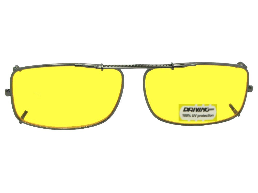 Slim Rectangle NON Polarized Yellow Lens Clip On Sunglasses (Pewter-NON Polarized Yellow Lens, 54mm Width x 33mm Height)