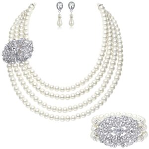 babeyond 1920s gatsby pearl necklace vintage bridal pearl necklace earrings jewelry set multilayer imitation pearl necklace with brooch (style 4-silver)