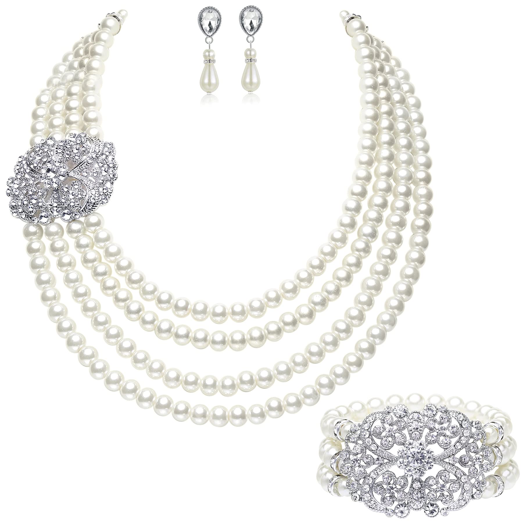 BABEYOND 1920s Gatsby Pearl Necklace Vintage Bridal Pearl Necklace Earrings Jewelry Set Multilayer Imitation Pearl Necklace with Brooch (Style 4-Silver)