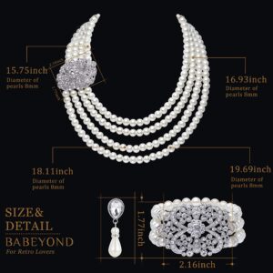 BABEYOND 1920s Gatsby Pearl Necklace Vintage Bridal Pearl Necklace Earrings Jewelry Set Multilayer Imitation Pearl Necklace with Brooch (Style 4-Silver)