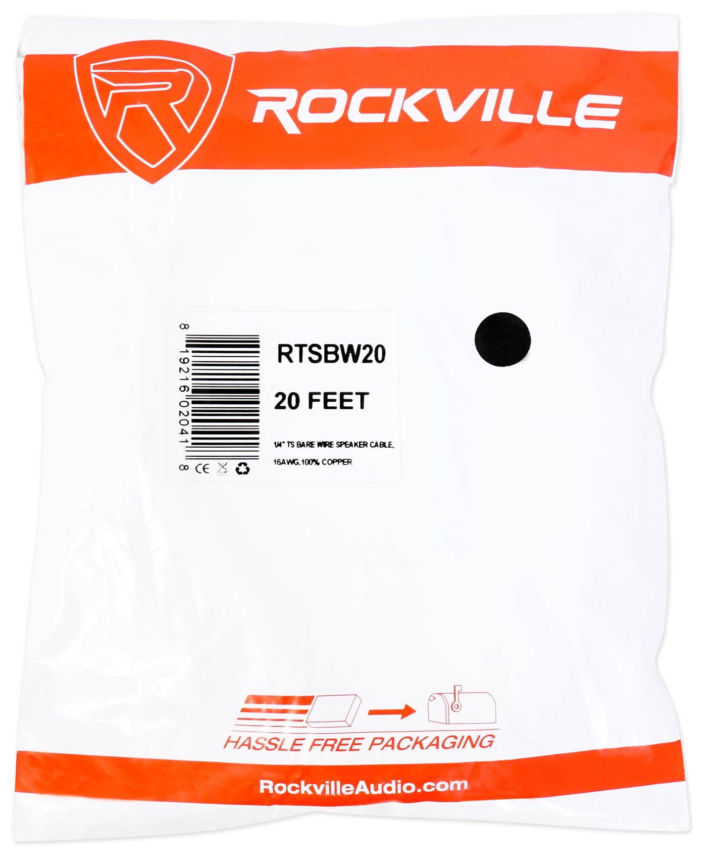 Rockville RTSBW20 20 Foot 1/4" TS to Bare Wire Speaker Cable,16 AWG,100% Copper