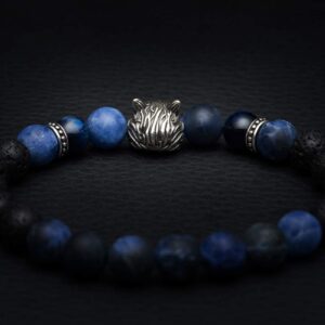 Karseer Viking Wolf Spirit Bracelet with Blue Sodalite and Black Lava Rock Beads, Natural Stone Chakra Jewelry for Emotional Support and Essential Oil Diffusion, Unisex Gift