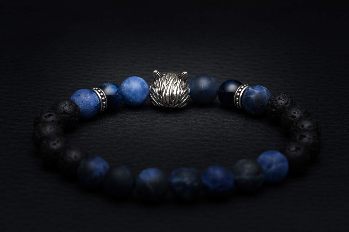 Karseer Viking Wolf Spirit Bracelet with Blue Sodalite and Black Lava Rock Beads, Natural Stone Chakra Jewelry for Emotional Support and Essential Oil Diffusion, Unisex Gift