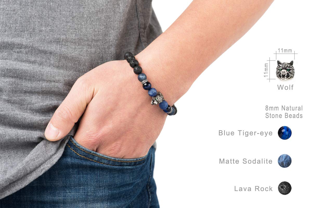 Karseer Viking Wolf Spirit Bracelet with Blue Sodalite and Black Lava Rock Beads, Natural Stone Chakra Jewelry for Emotional Support and Essential Oil Diffusion, Unisex Gift