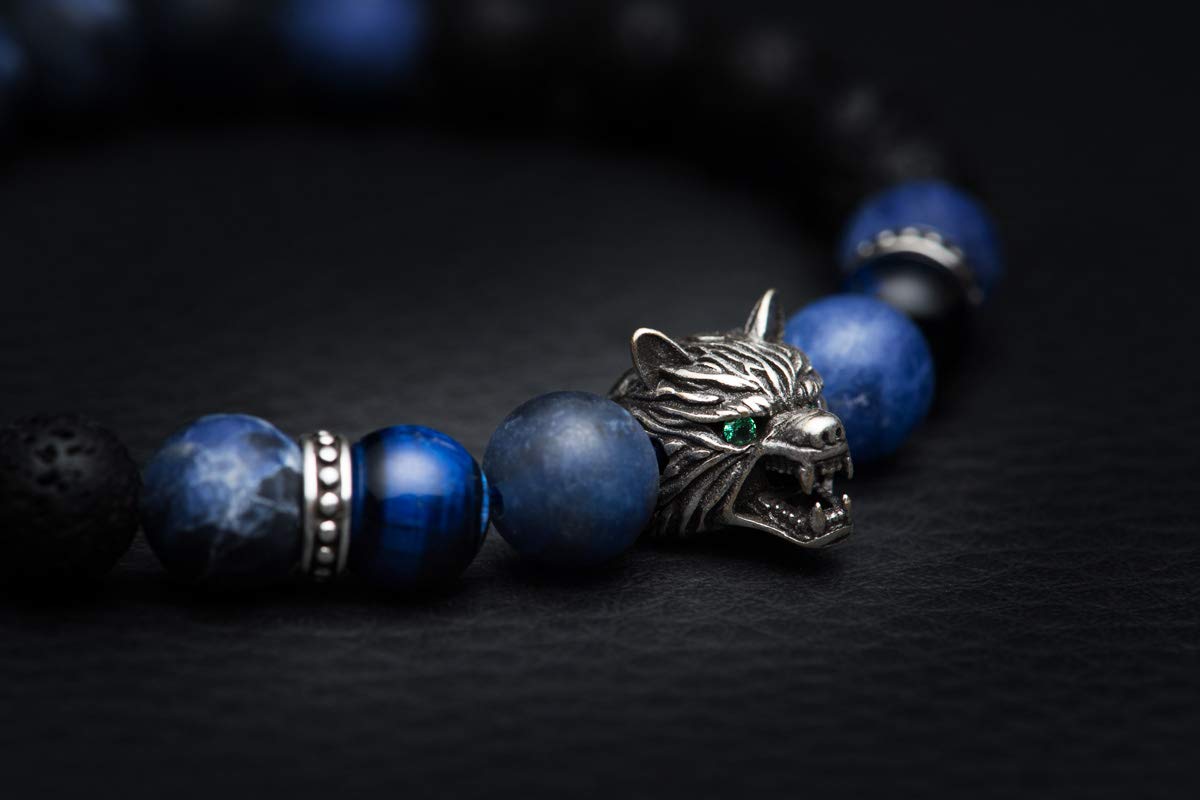 Karseer Viking Wolf Spirit Bracelet with Blue Sodalite and Black Lava Rock Beads, Natural Stone Chakra Jewelry for Emotional Support and Essential Oil Diffusion, Unisex Gift